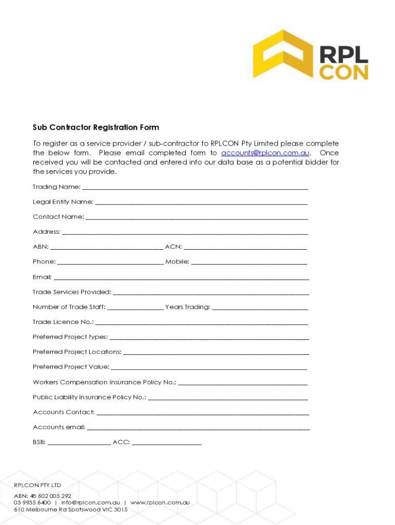 Fillable Online RPL Form 014 - Sub Contractor Registration Form Fax Email Print - pdfFiller