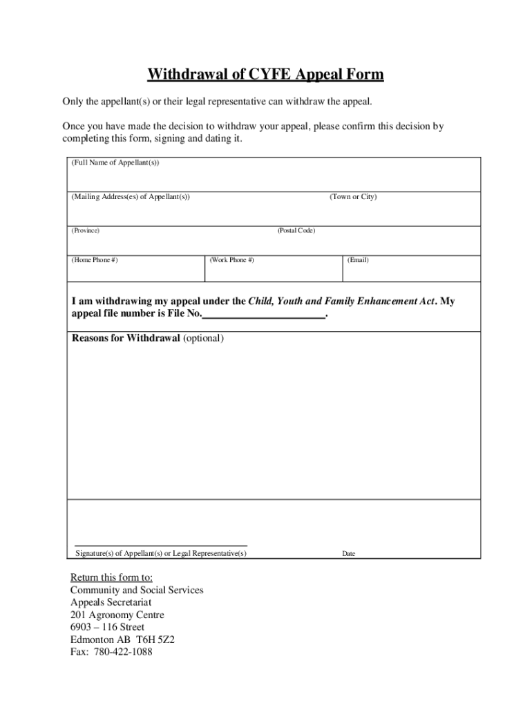 Fillable Online Withdrawal of Child, Youth and Family Enhancement (CYFE ...