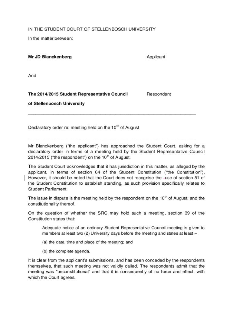 Fillable Online in the student court of the university of stellenbosch ...