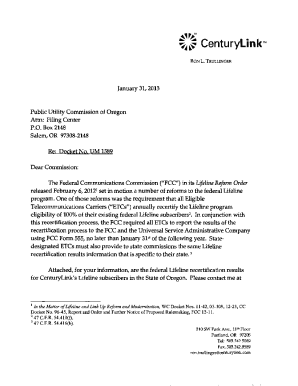 Fillable Online RT 1, OTHER, 2/2/2015. CenturyLink, CenturyTel, United, Qwest's 's 2012 Lifeline ...