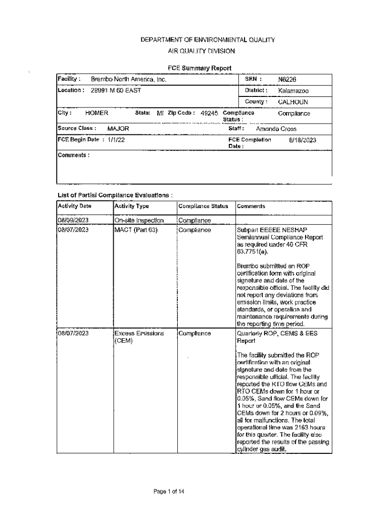 Fillable Online FCE Summary Report Facility: Brembo North America, Inc ...