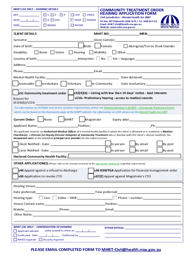 Fillable Online community treatment order hearing application form Fax ...