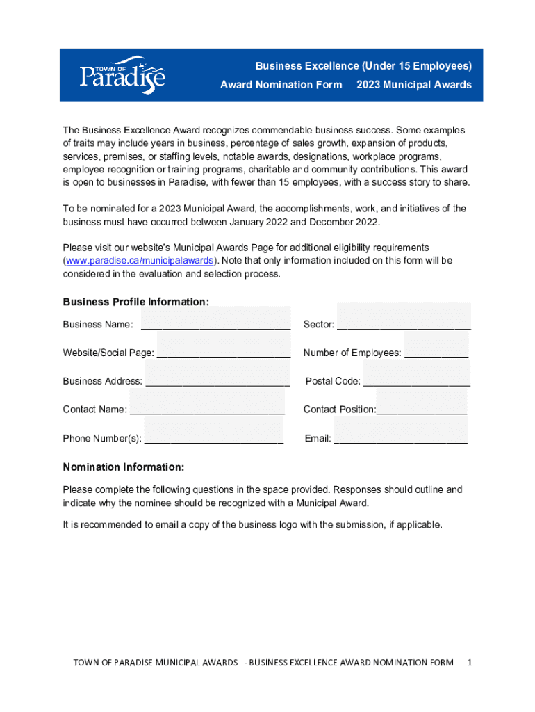 Fillable Online Town of Paradise - 2021 Municipal Awards - Business Excellence (Under 15 ...