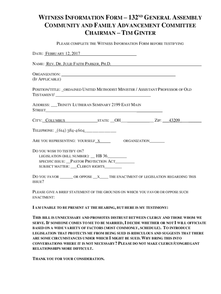 Fillable Online witness information form132nd general assembly ...