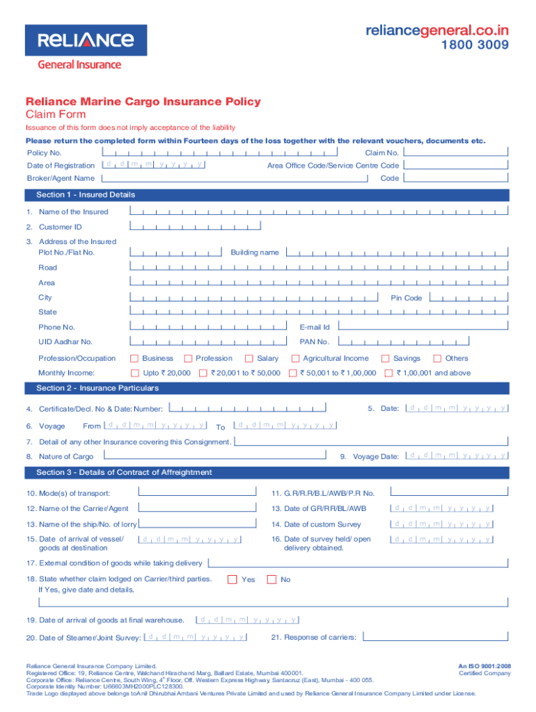 Fillable Online Reliance Marine Cargo Insurance Policy Claim Form Fax ...