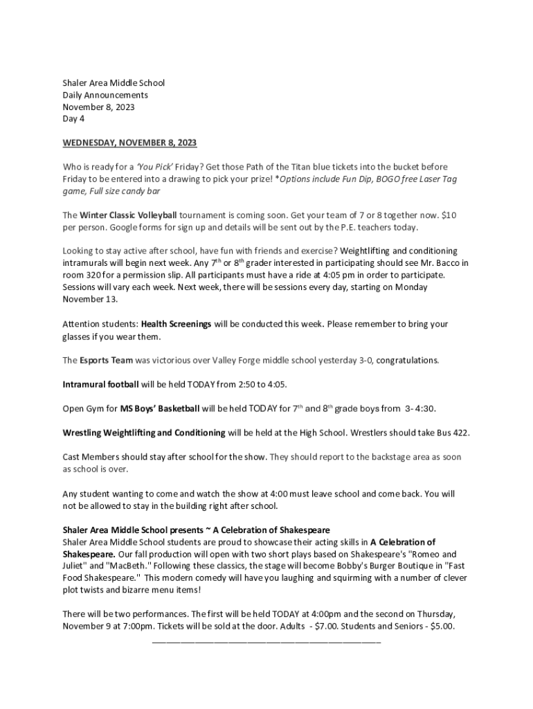 Fillable Online Shaler Area Middle School Daily Announcements November ...