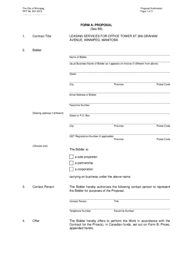Fillable Online FORM A: PROPOSAL (See B9) 1. Contract Title LEASING ...