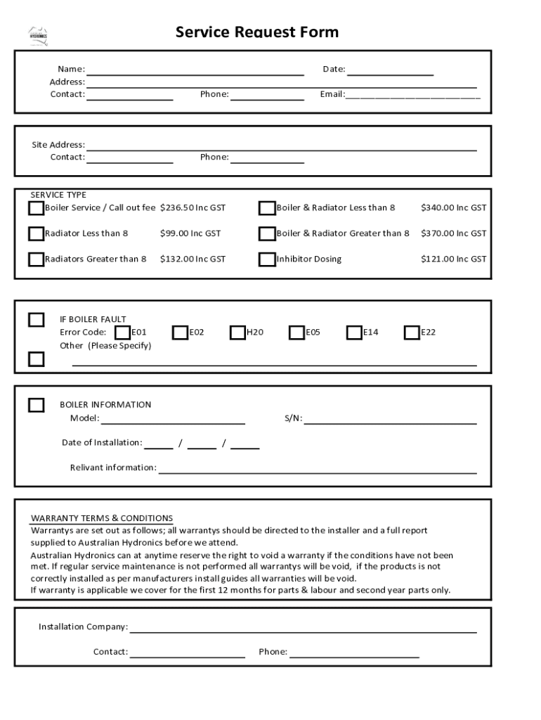 Fillable Online Service Request Form - Australian Hydronics Supplies ...