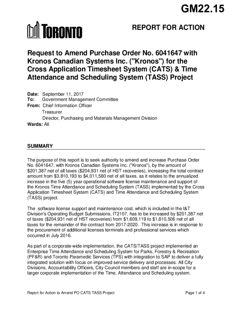 Fillable Online Request to Amend Purchase Order No. 6041647 with Kronos ...