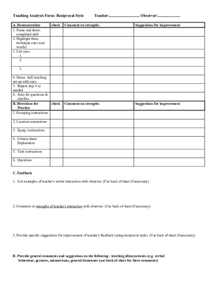 Fillable Online web uvic Teaching Analysis Form: Reciprocal Style Fax ...