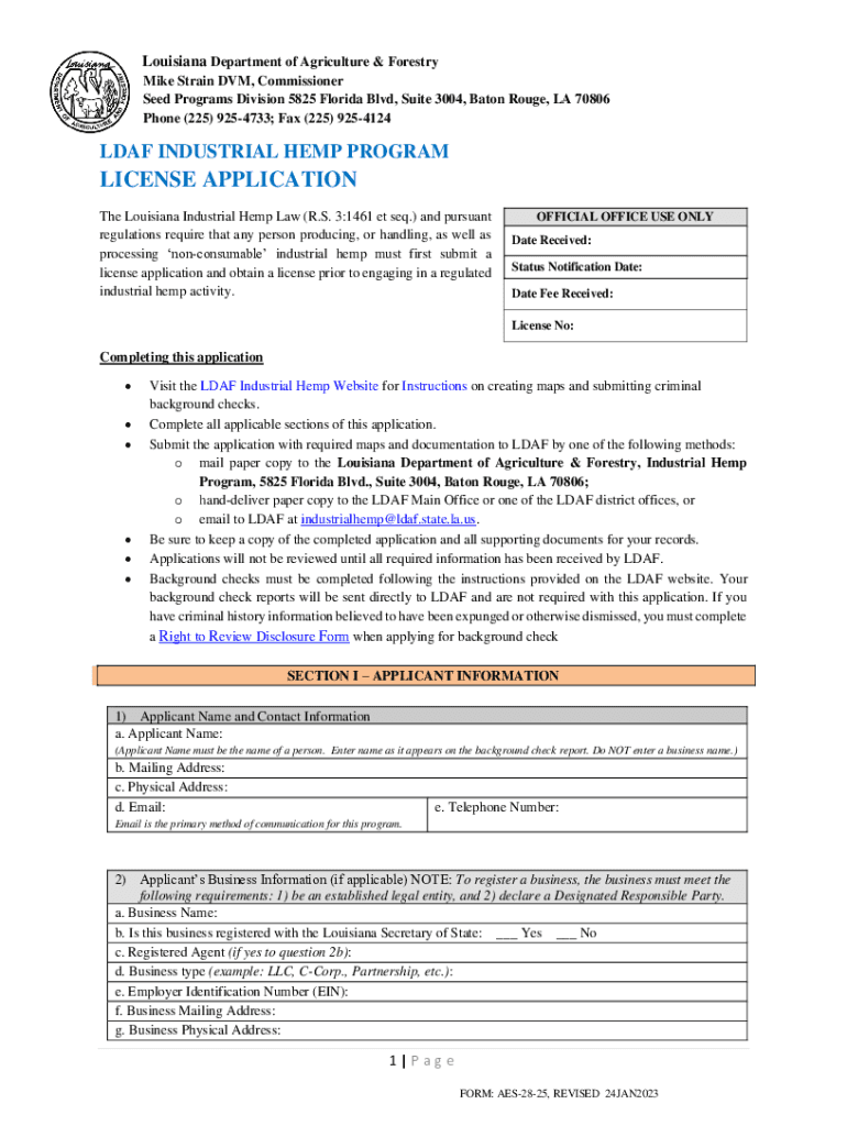 Fillable Online LDAF Industrial Hemp Program - LICENSE APPLICATION Fax ...