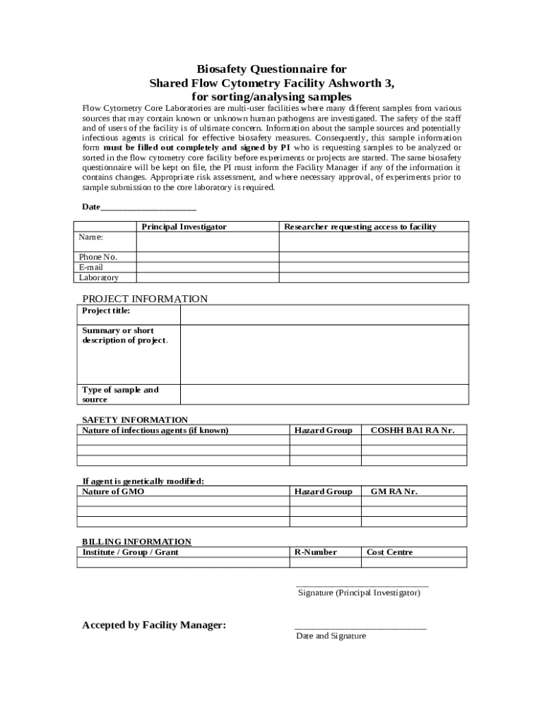 Biosafety concerns for shared flow cytometry core facilities Doc Template | pdfFiller