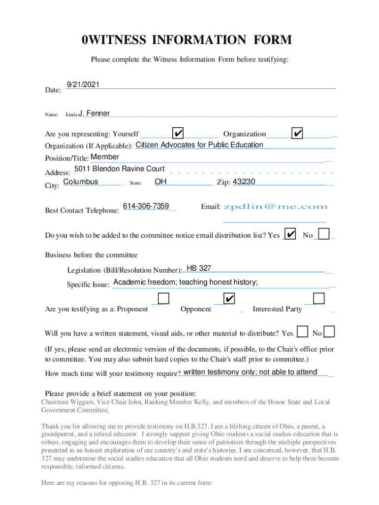 Fillable Online 0WITNESS INFORMATION FORM Fax Email Print - pdfFiller