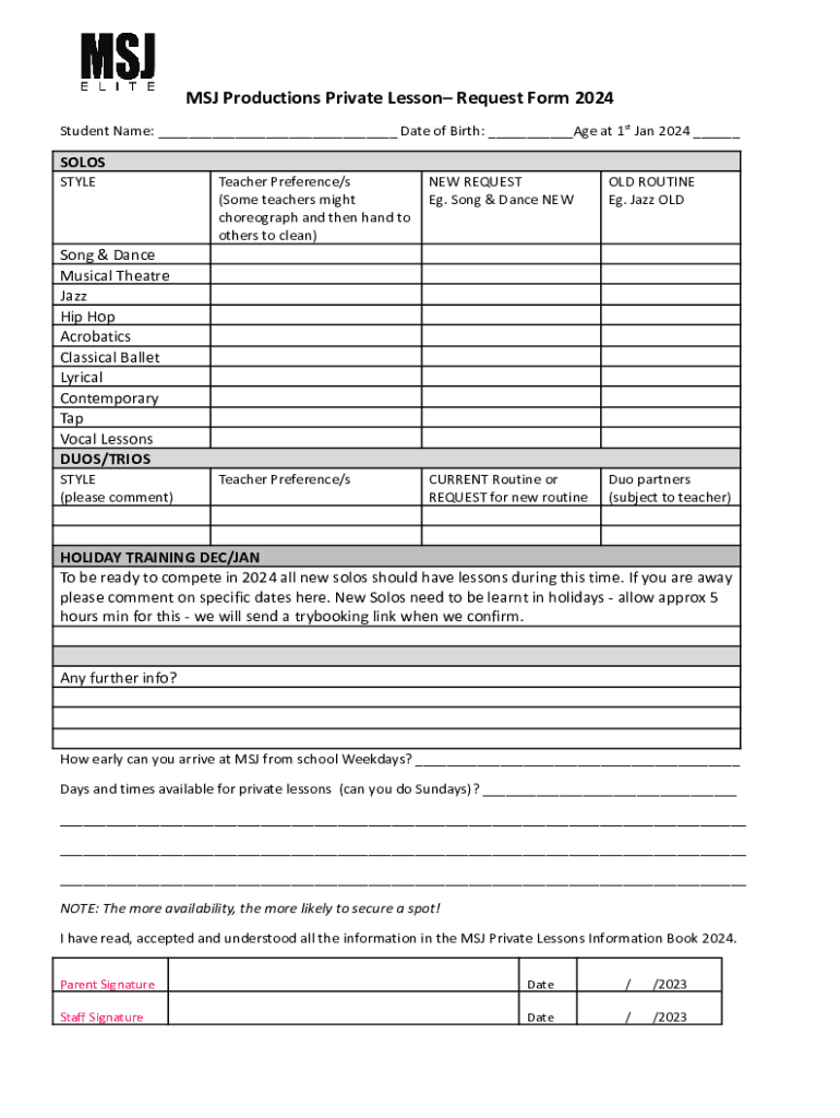 Fillable Online Private Lesson Request Form2024.docx Fax Email Print ...