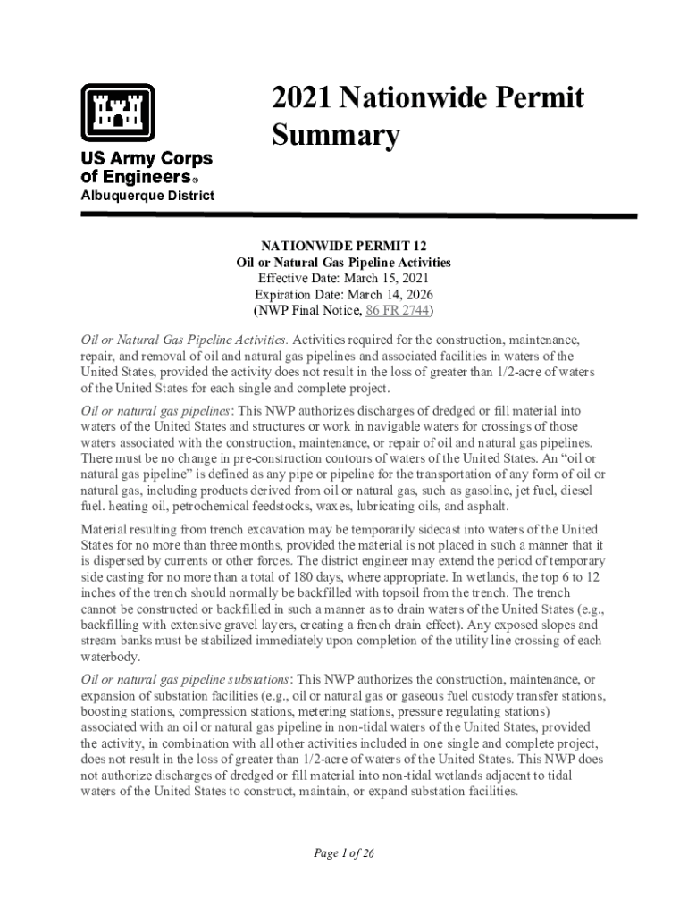 Fillable Online Nationwide Permit 12 Update: Permit that Allows for ...