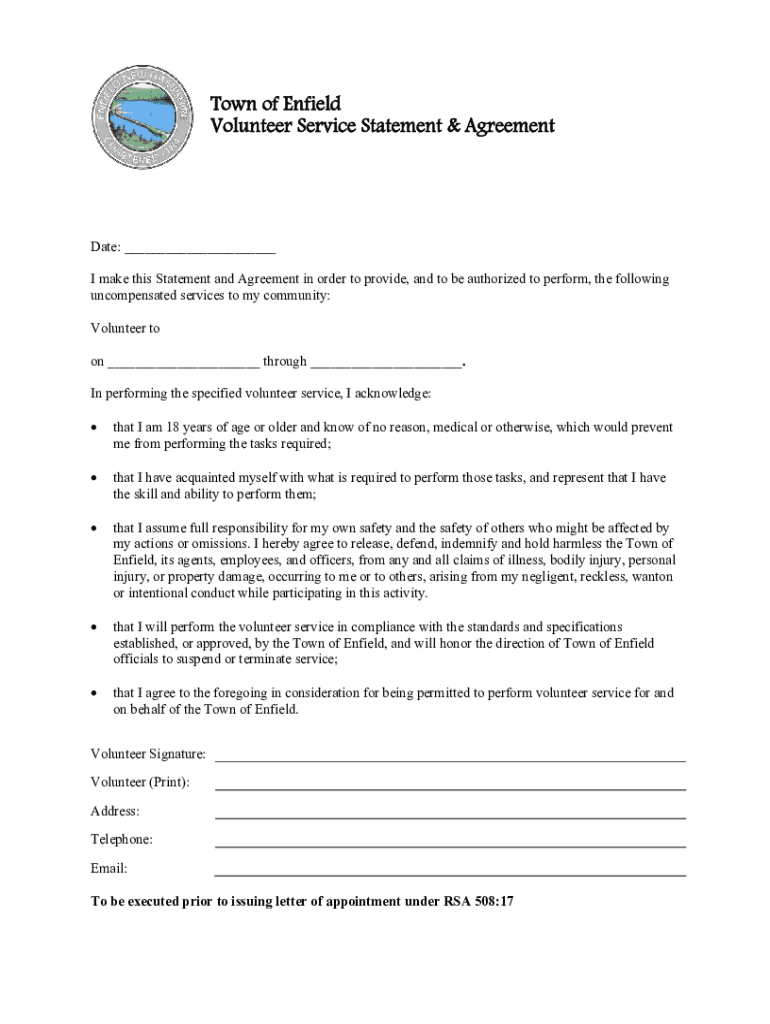 Fillable Online Volunteer Service Statement & Agreement (Fillable PDF ...