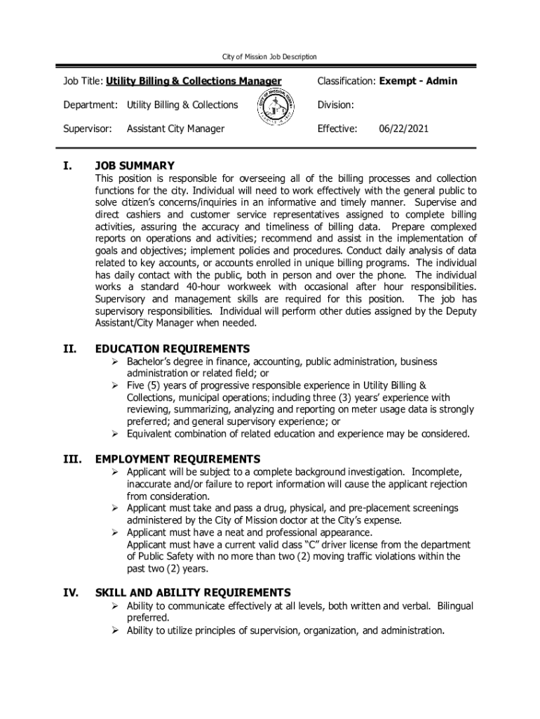 Fillable Online Job Title: Utility Billing & Collections Manager ... Fax Email Print - pdfFiller