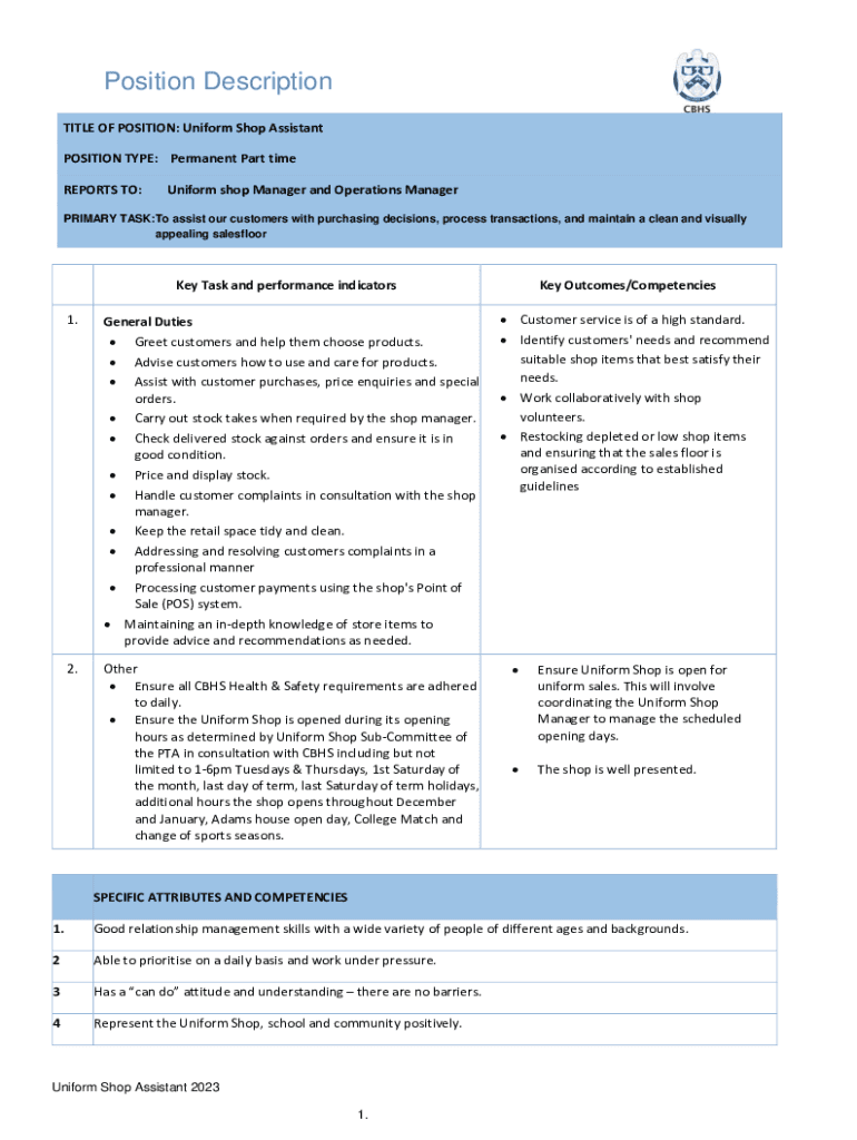 Fillable Online DUTY STATEMENT UNIFORM SHOP MANAGER Fax Email Print - pdfFiller