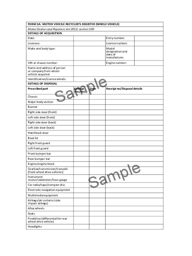 Fillable Online form 3a: motor vehcile recycler's register (whole vehicle) Fax Email Print ...
