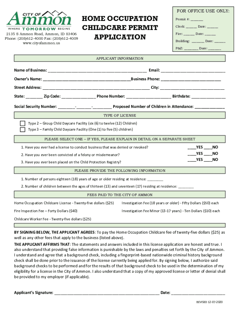 Fillable Online HOME OCCUPATION CHILDCARE PERMIT APPLICATION Fax Email ...