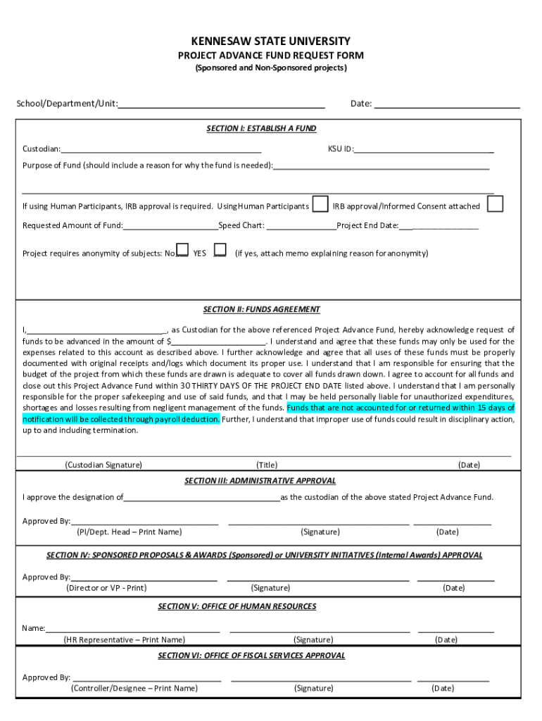 Fillable Online kennesaw state university - project advance fund ...