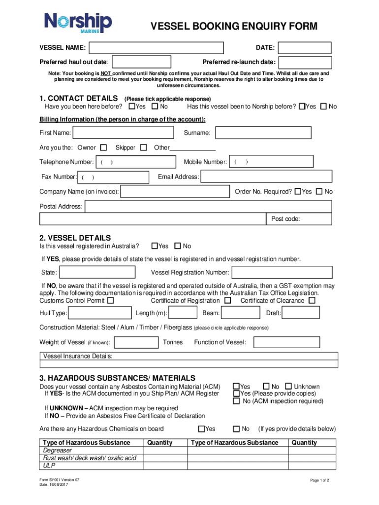 Fillable Online VESSEL BOOKING ENQUIRY FORM Fax Email Print - pdfFiller