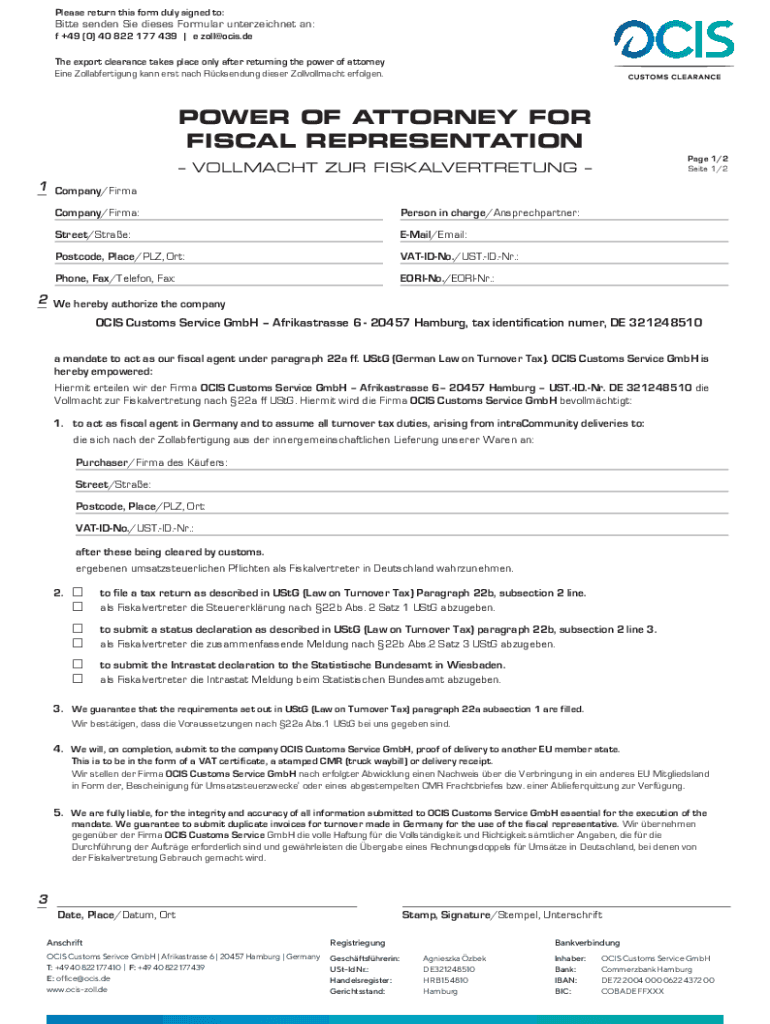 Ausfüllbar Online POWER OF ATTORNEY FOR FISCAL REPRESENTATION - OCIS ...
