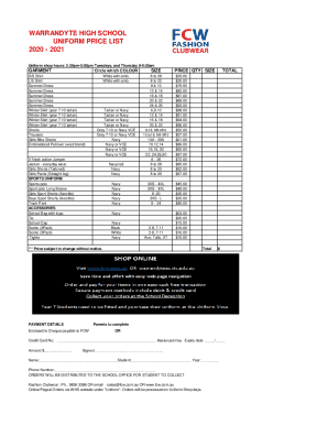 Fillable Online Warrandyte High School Shop - FCW - Fashion Clubwear ...