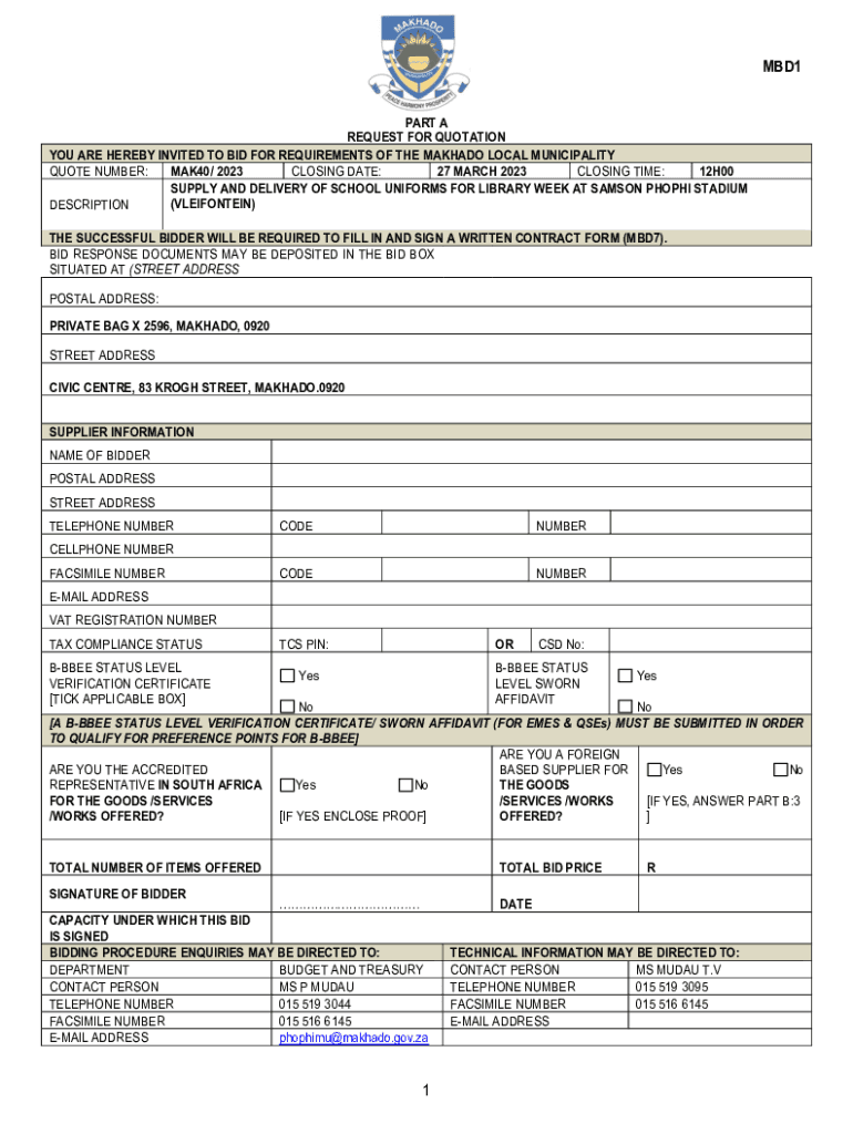 Fillable Online 1 MBD1 SUPPLY AND DELIVERY OF SCHOOL UNIFORMS Fax Email ...