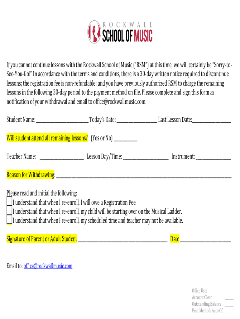 Fillable Online If you cannot continue lessons with the Rockwall ... Fax Email Print - pdfFiller