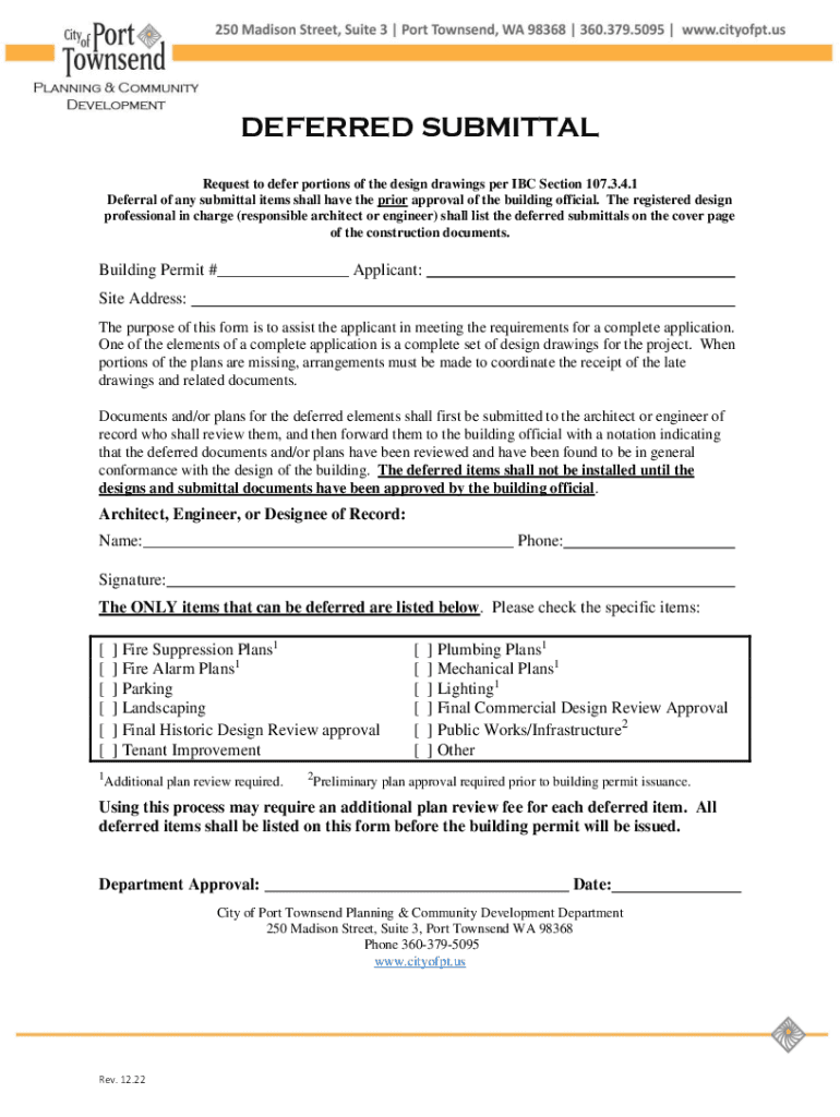 Fillable Online Deferred Submittal Agreement- required separate fire ...