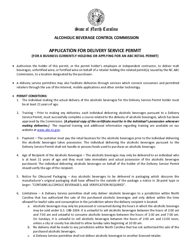 Fillable Online Application for Delivery Service Permit Abc.Nc.Gov Fax ...