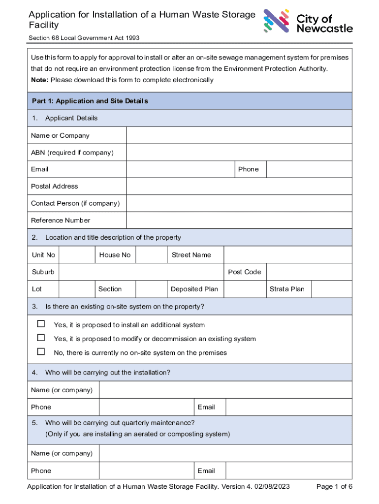 Fillable Online newcastle nsw gov Application for Installation of a Human Waste Storage Facility ...