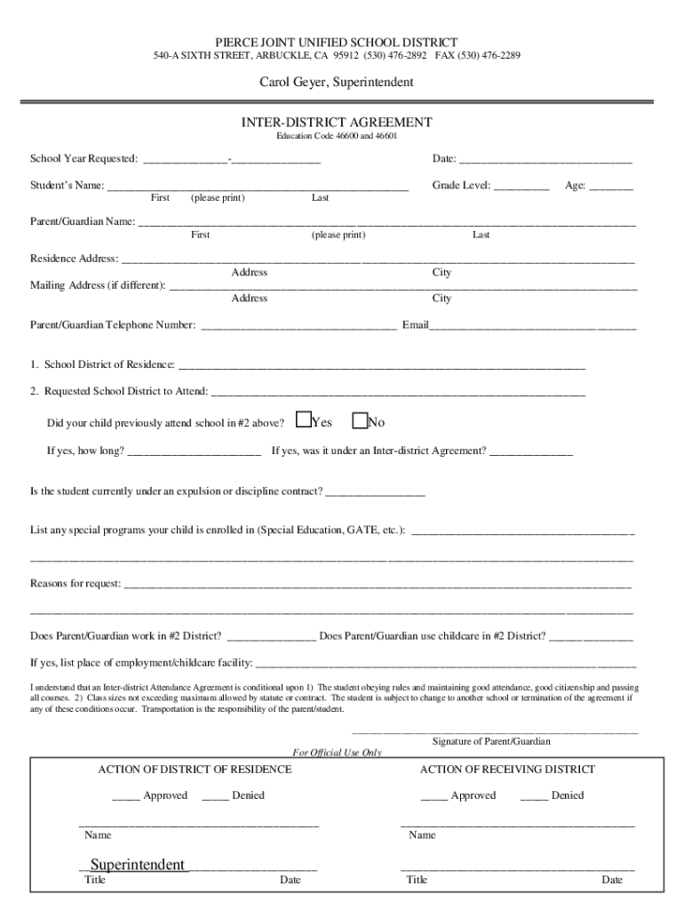 Fillable Online INTER-DISTRICT AGREEMENT Carol Geyer, Superintendent Fax Email Print - pdfFiller