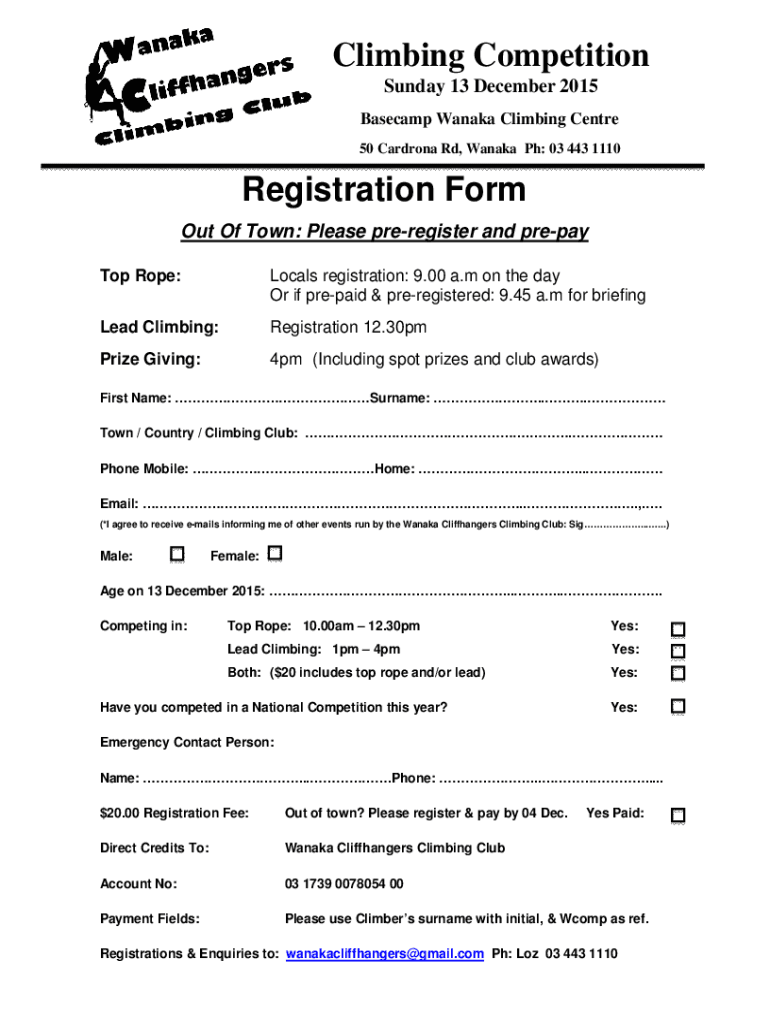 Fillable Online Climbing Competition Registration Form Fax Email Print ...