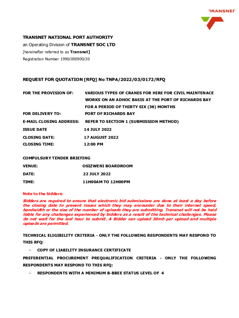 Fillable Online REQUEST FOR QUOTATION RFQ No TNPA/2022/03/0172/RFQ Fax Email Print - pdfFiller