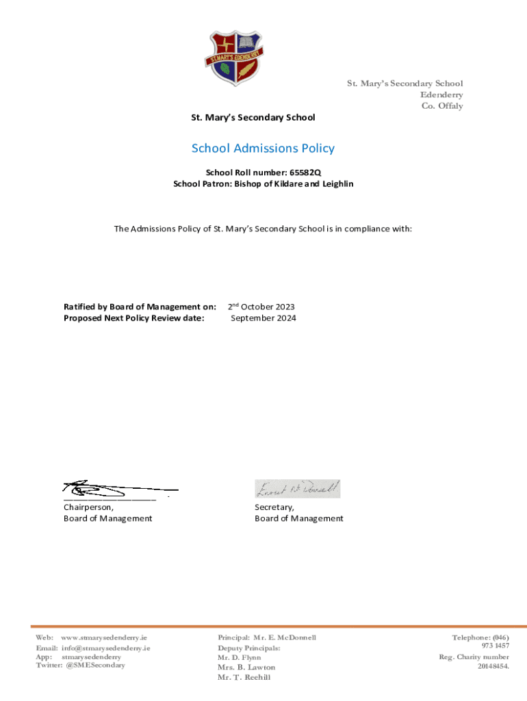 Fillable Online St Mary's Secondary School, Edenderry, Co Offaly Fax ...