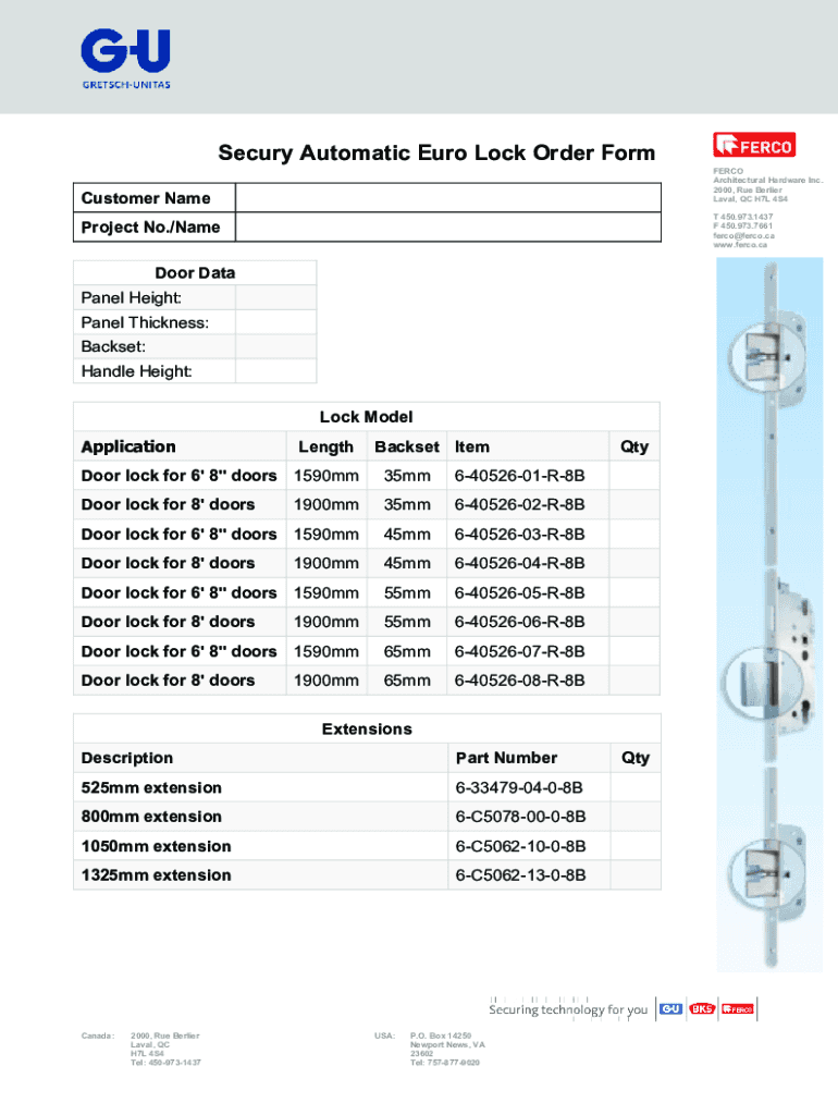 Completable En línea FERCO Sec Auto Euro Lock Order Form Fax Email ...