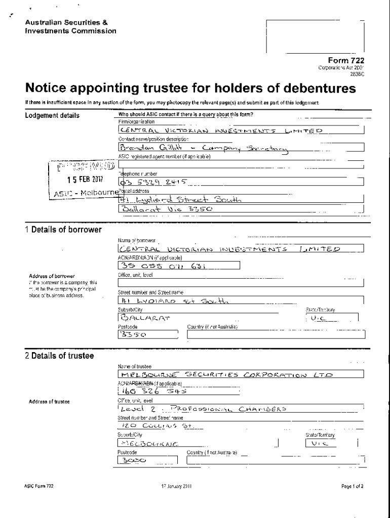 Fillable Online Form 722 - NOTICE OF APPOINTMENT OF TRUSTEE FOR ... Fax ...