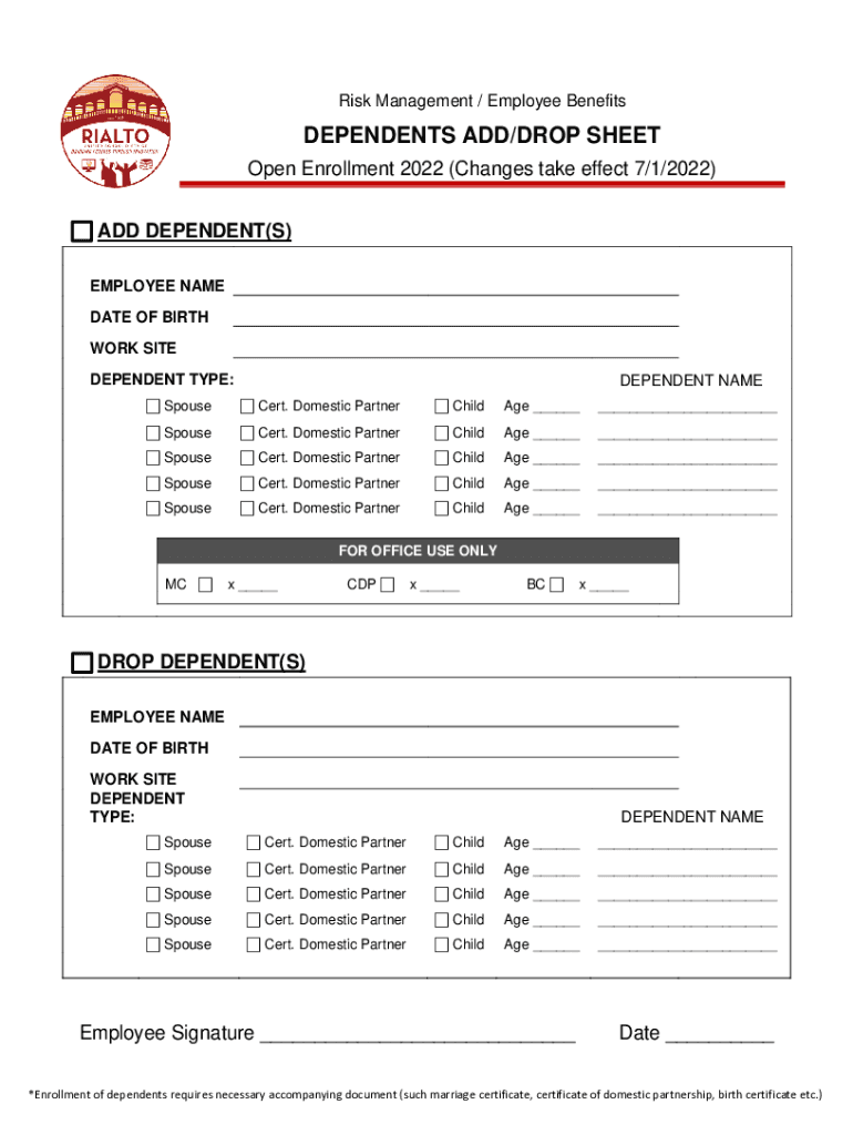 Fillable Online kec rialto k12 ca Adding or Removing a Dependent ...