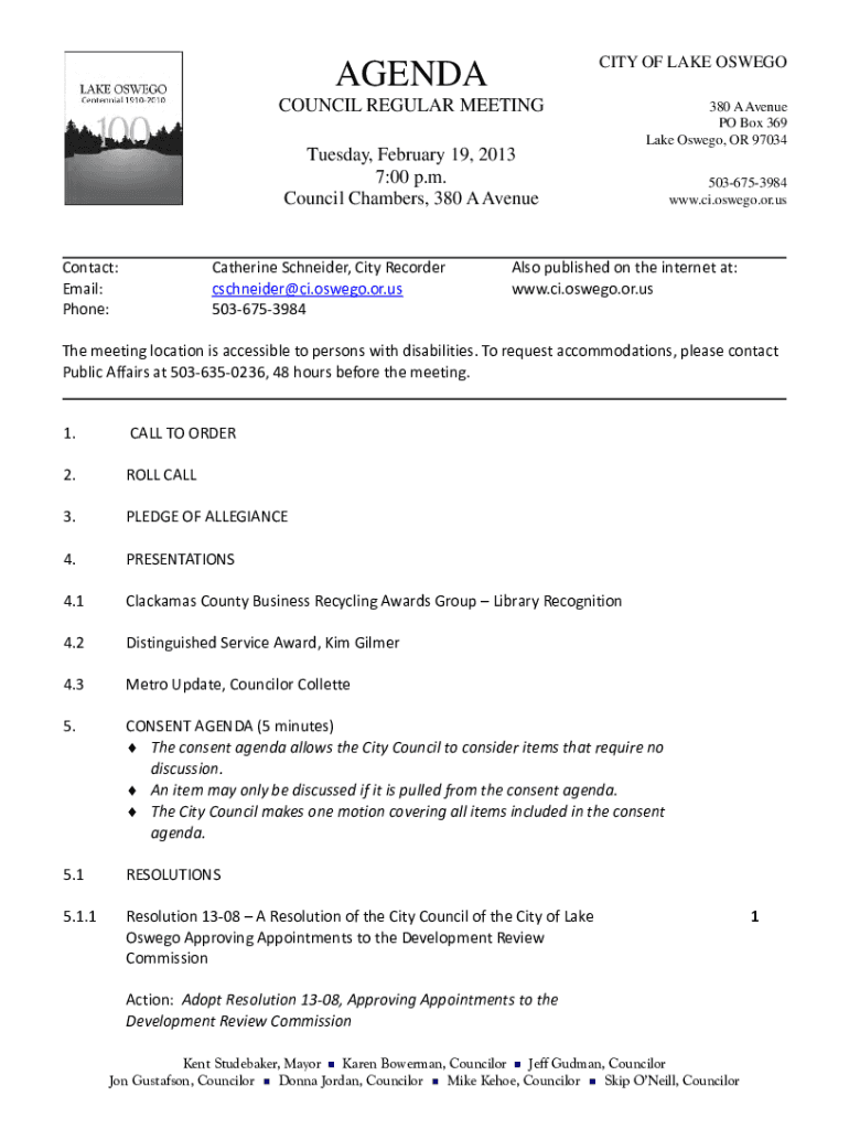 Fillable Online Agendas & Schedules - City Council - City of Lake ...