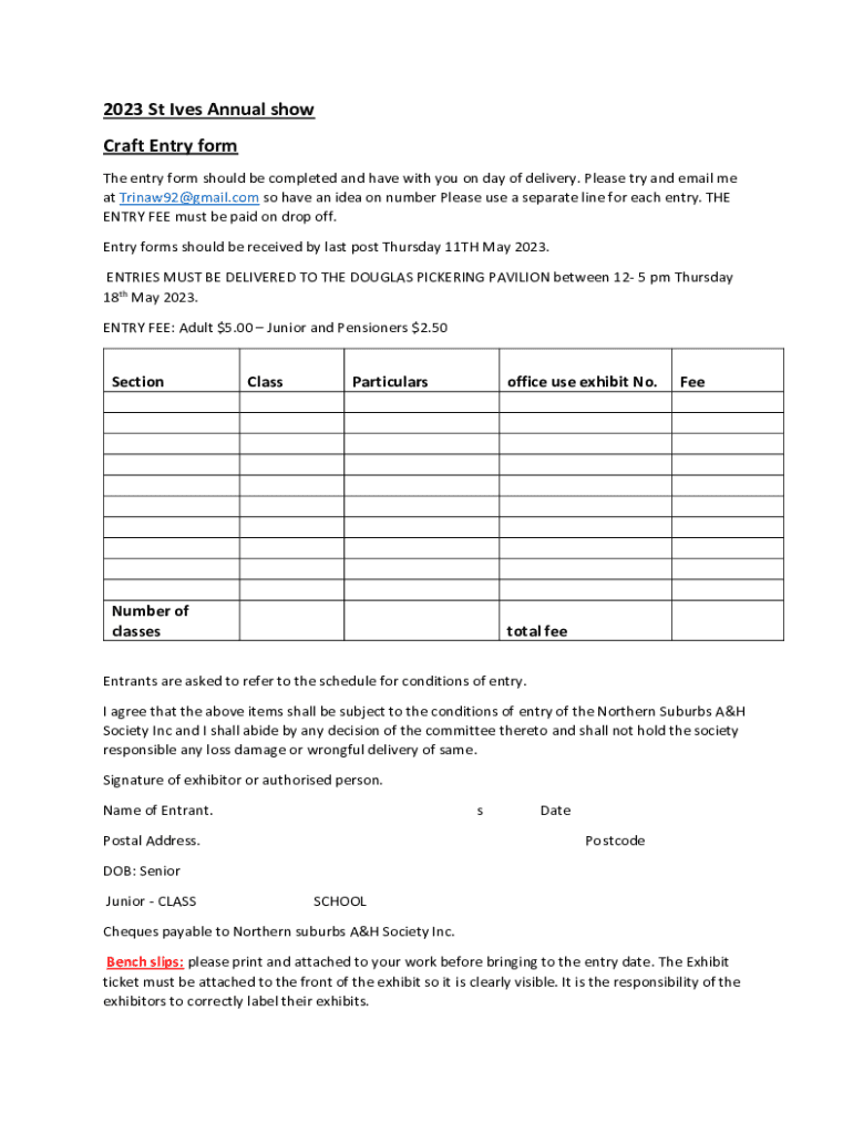Fillable Online Entry Forms for Competitions at the 2023 St Ives Show ...