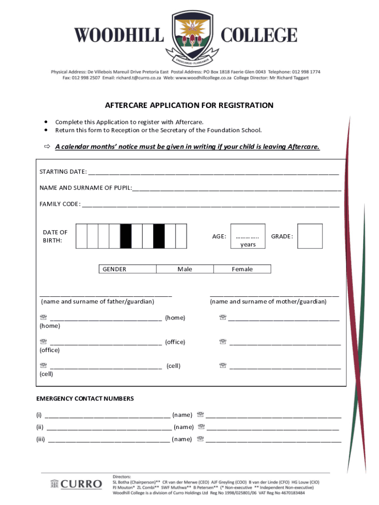 Fillable Online AFTERCARE APPLICATION FOR REGISTRATION Fax Email Print ...