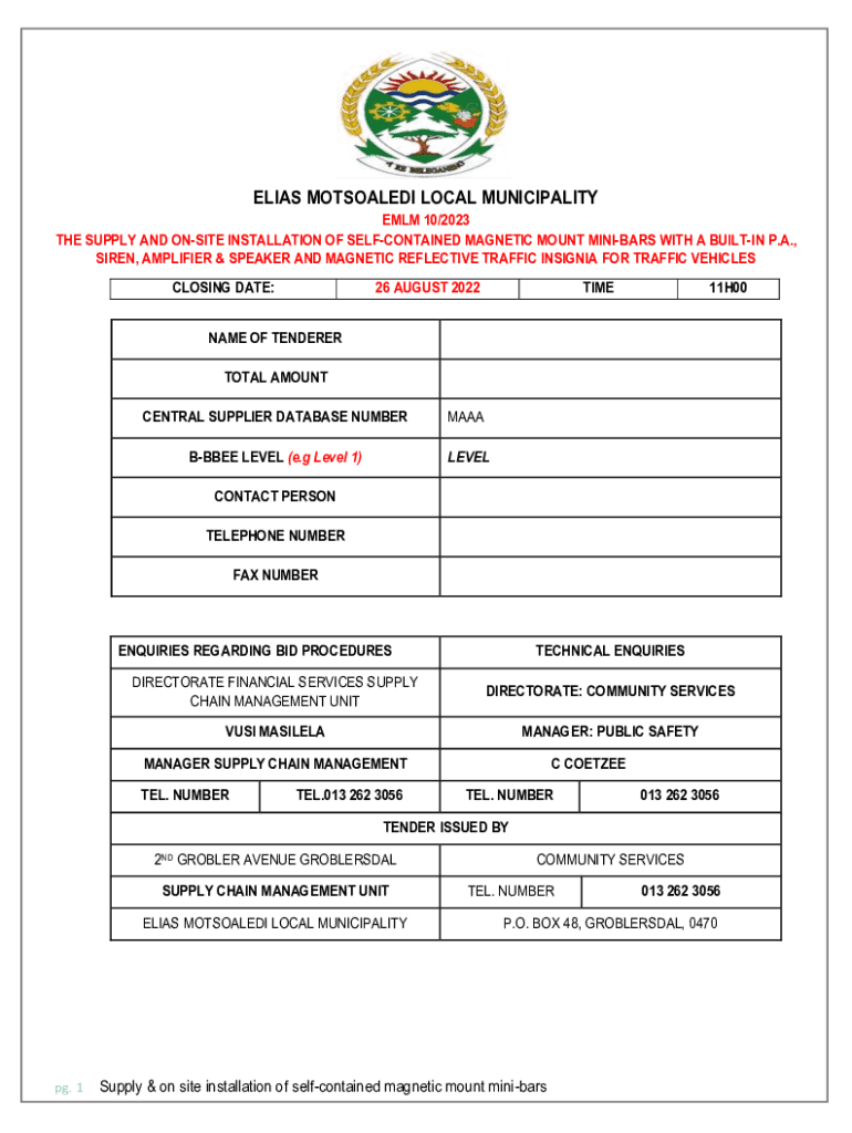 Fillable Online Elias Motsoaledi Local Municipality Tenders Fax Email ...