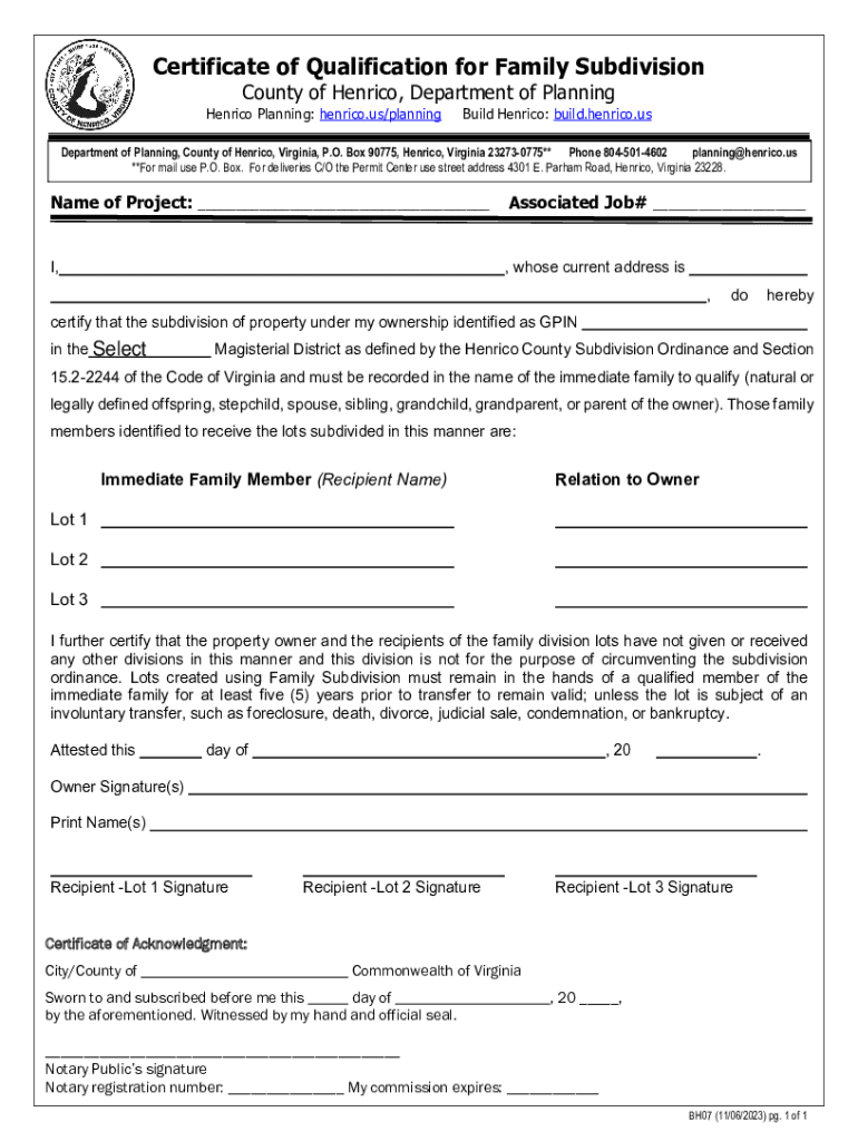 Fillable Online Planning Family Subdivision Certification Form Fax ...