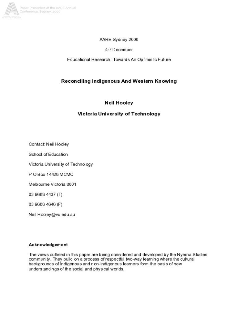 Fillable Online Reconciling Indigenous And Western Knowing Neil Hooley ...