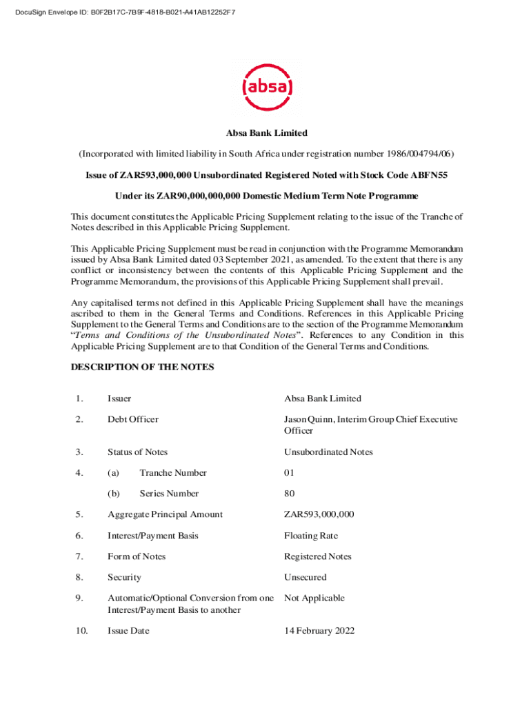 Fillable Online Issue of ZAR593,000,000 Unsubordinated Registered Noted ...