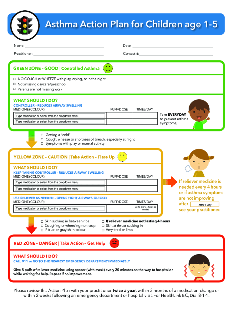 Fillable Online Asthma Action Plan for Children age 1-5 - Child Health ...