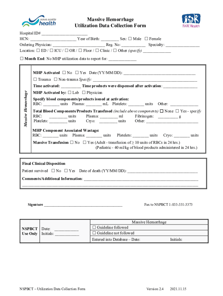 Fillable Online User's Guide for the Massive Bleeding Data Collection ...