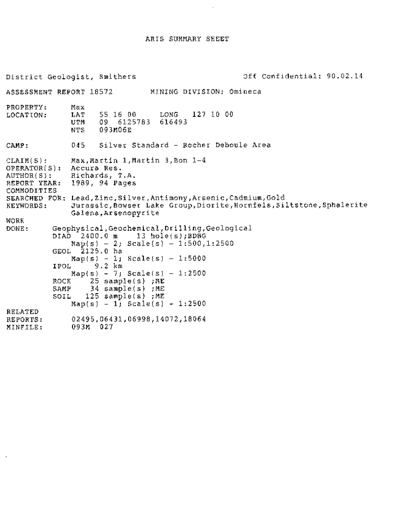 Fillable Online ARIS SUMMARY SHEET District Geologist, Smithers Fax ...